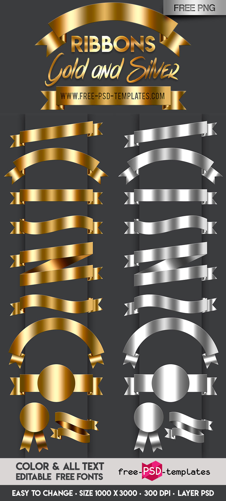 FREE Gold and Silver Ribbons (PNG) | Free PSD Templates