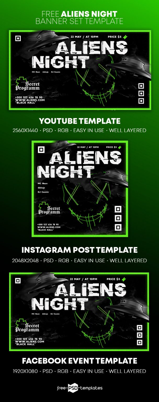 Free Aliens Night Banner Set Template – Free PSD Templates