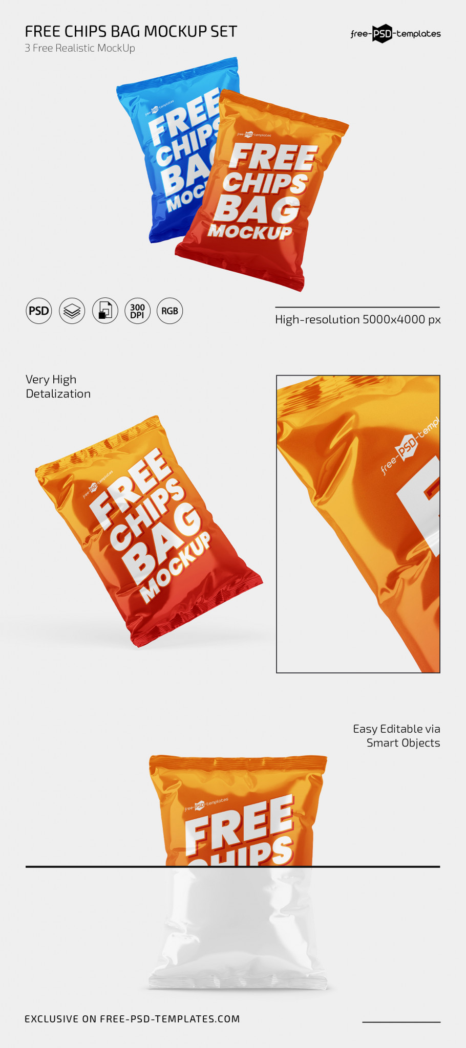 Free Chips Bag Mockup Set for Photoshop (PSD)