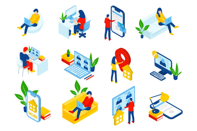 Free Work From Home Isometric Icon Pack for (PSD, AI, EPS, PNG)