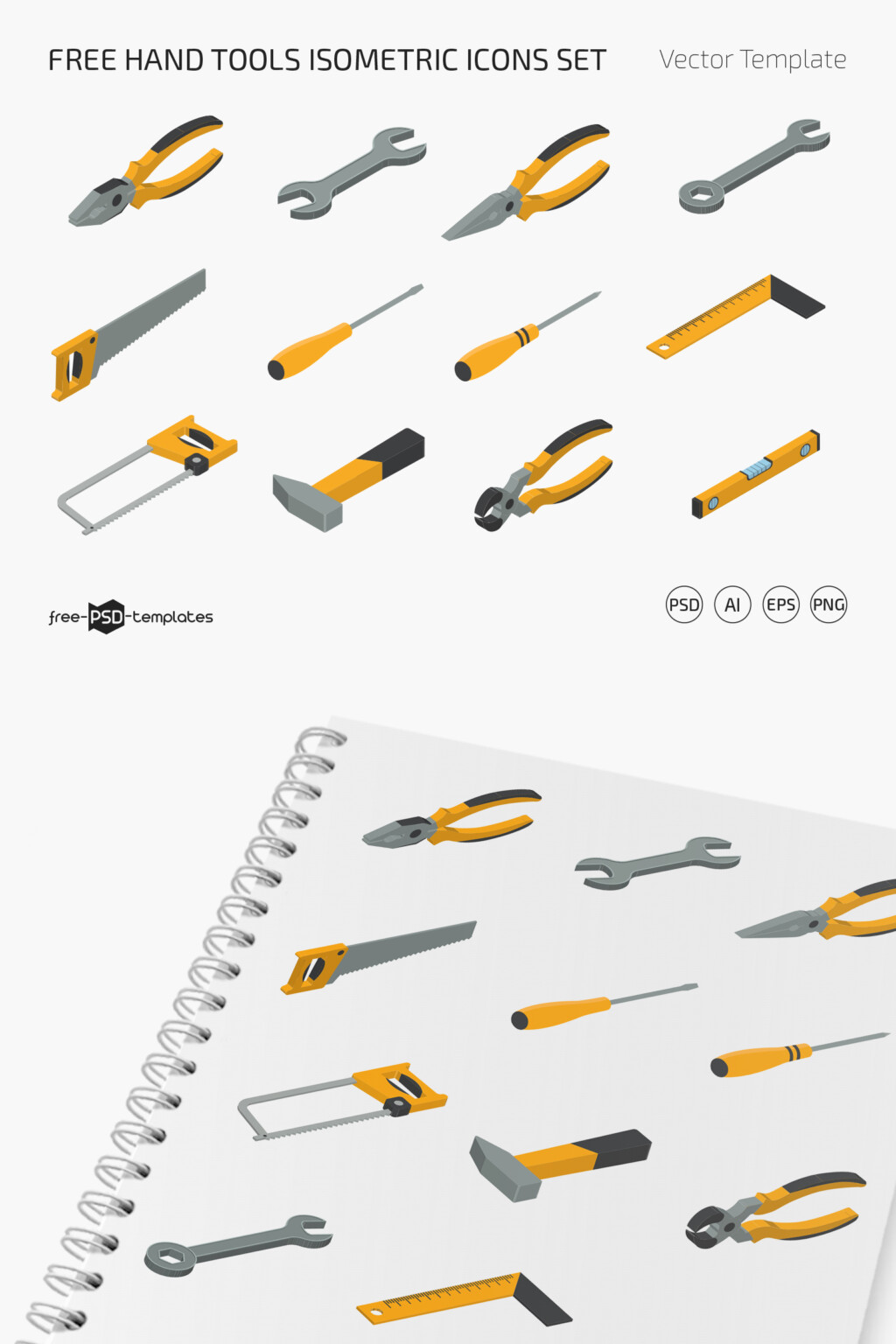 Free Hand Tools Isometric Icons Set in AI, PSD, PNG and EPS