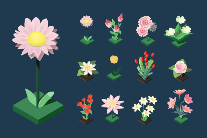Free Isometric Flowers Icons Vector Set in PSD, AI, EPS, and PNG