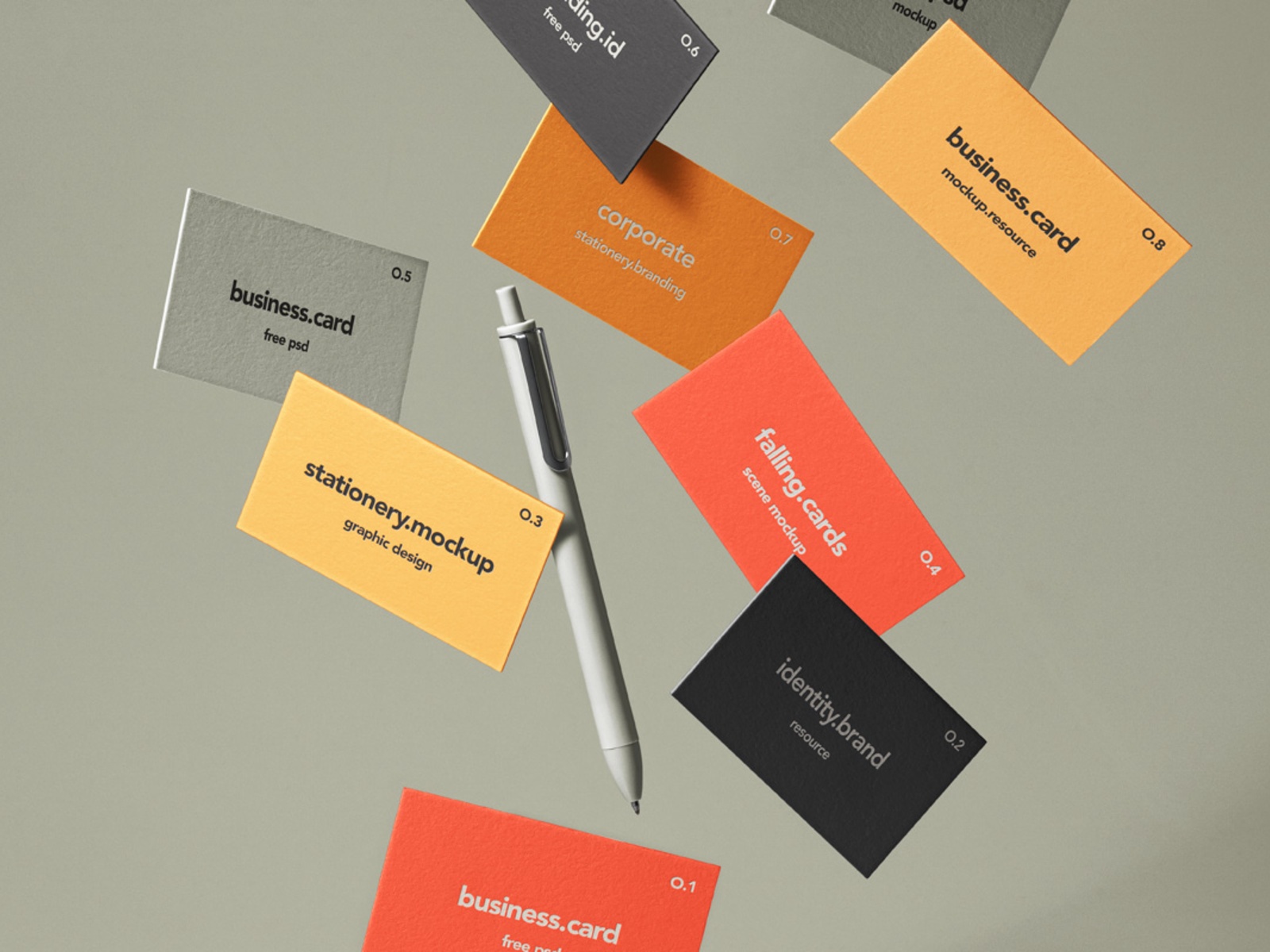 Free Falling Horizontal Business Cards Pen PSD Mockup