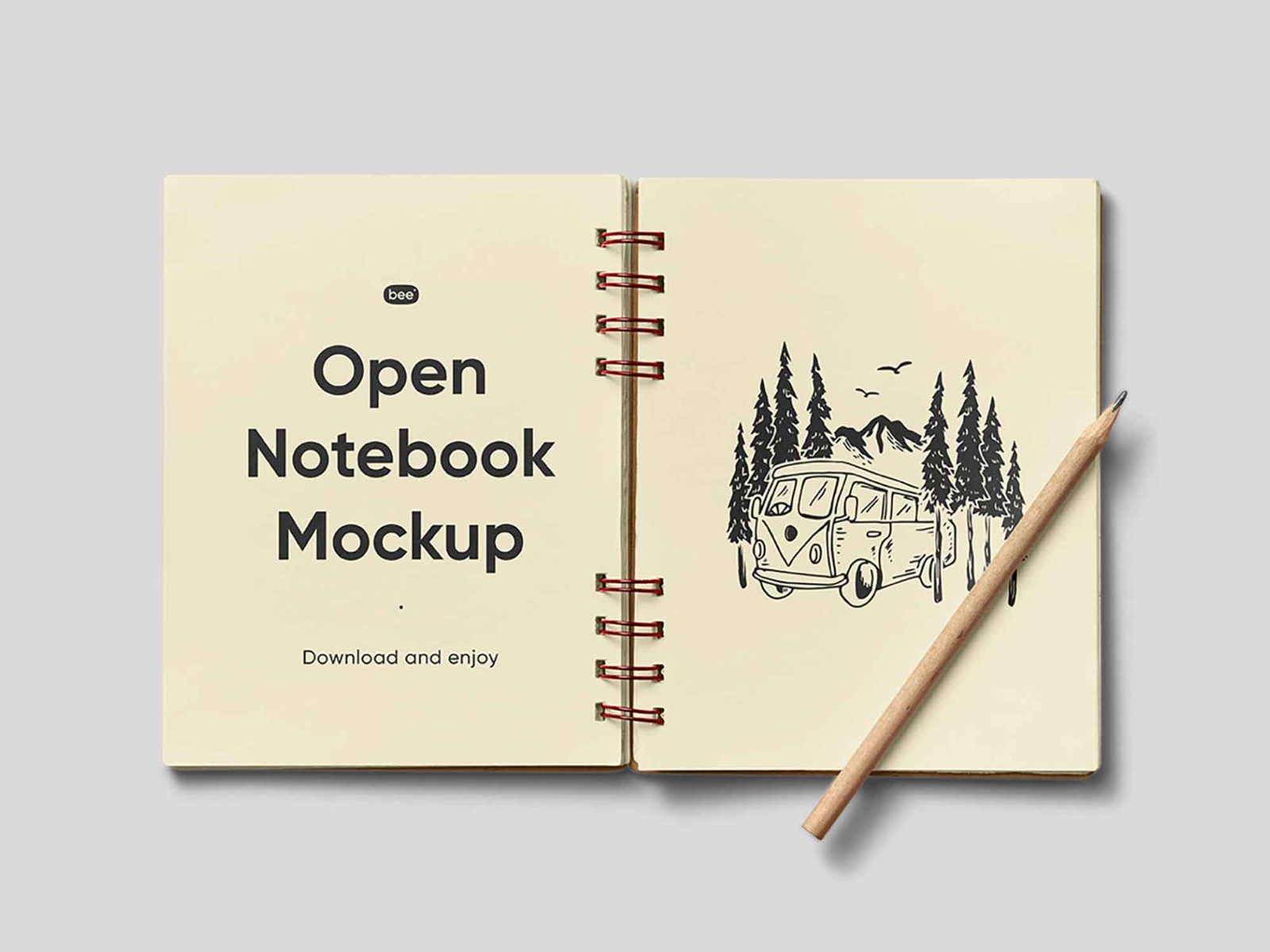 Free Open Spiral Notebook Pencil PSD Mockup